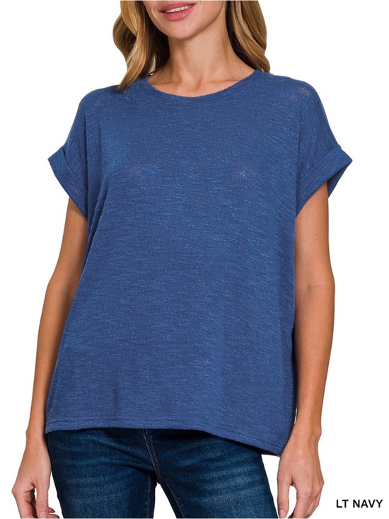 Zenana Outfitters | Tops | Hacci Slub Rolled Up Sleeve Tee Lt Navy ...